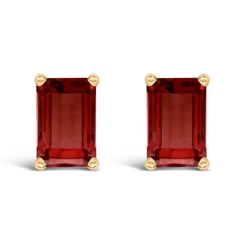 HAUS OF BRILLIANCE 14k Gold Emerald Cut Gemstone Stud Earrings - Red Garnet | Yellow